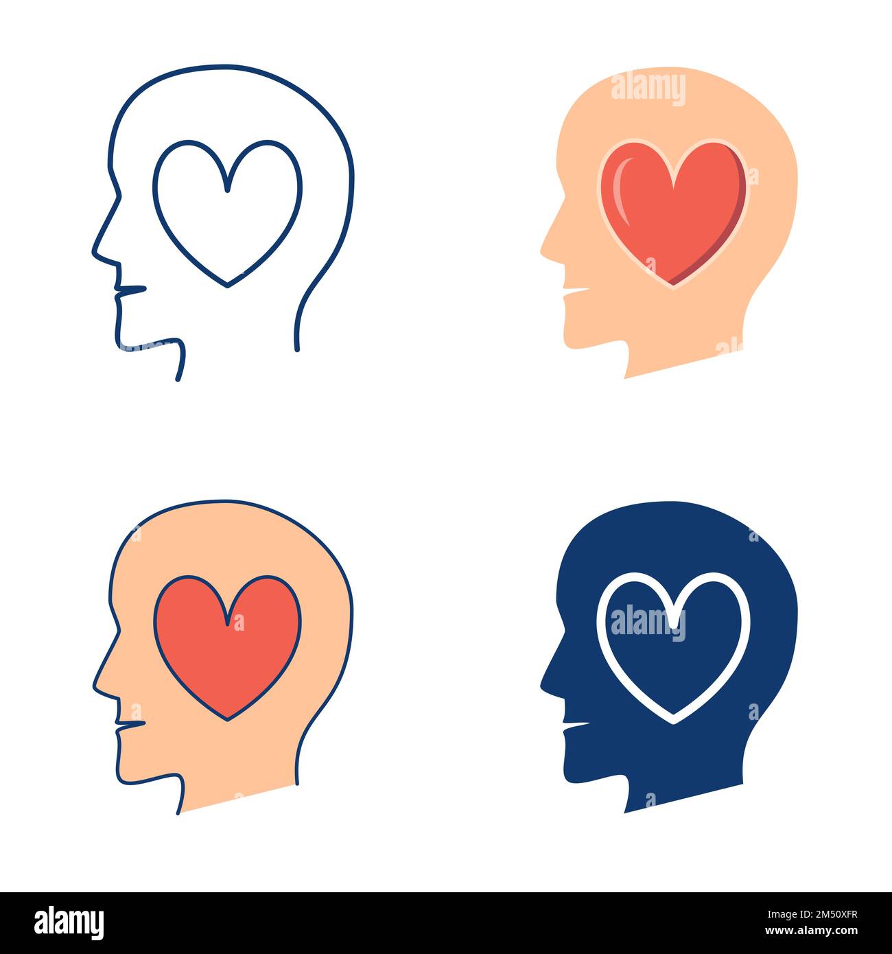 Heart in head icon set in flat and line style. Loving mind, self love ...
