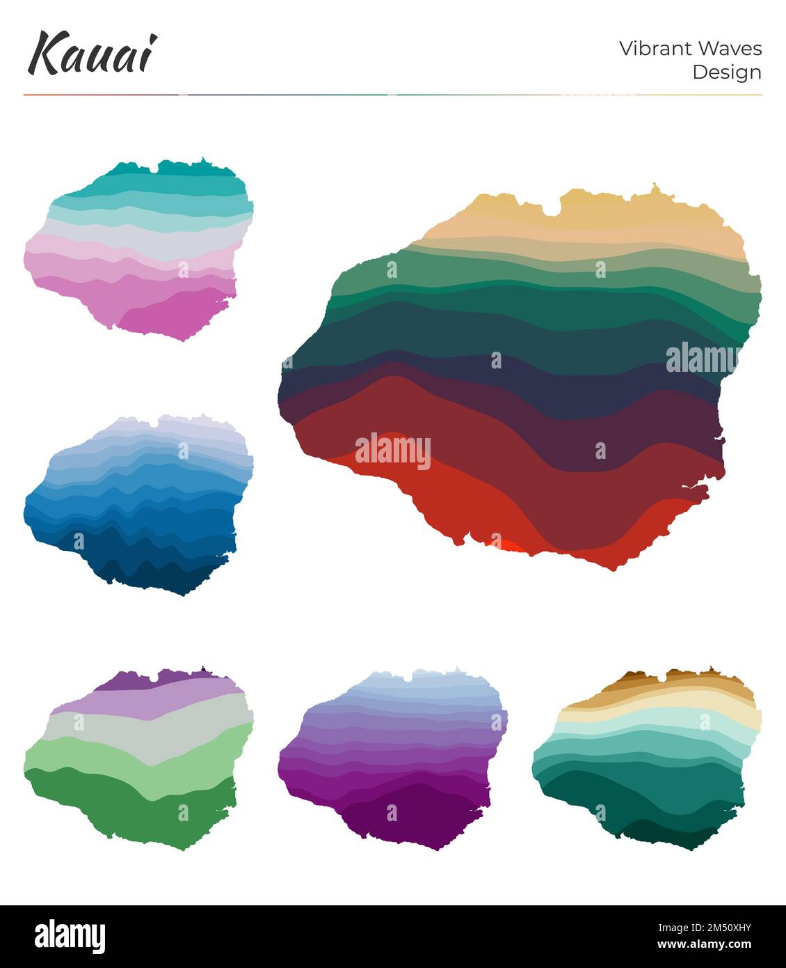 Set of vector maps of Kauai. Vibrant waves design. Bright map of island ...