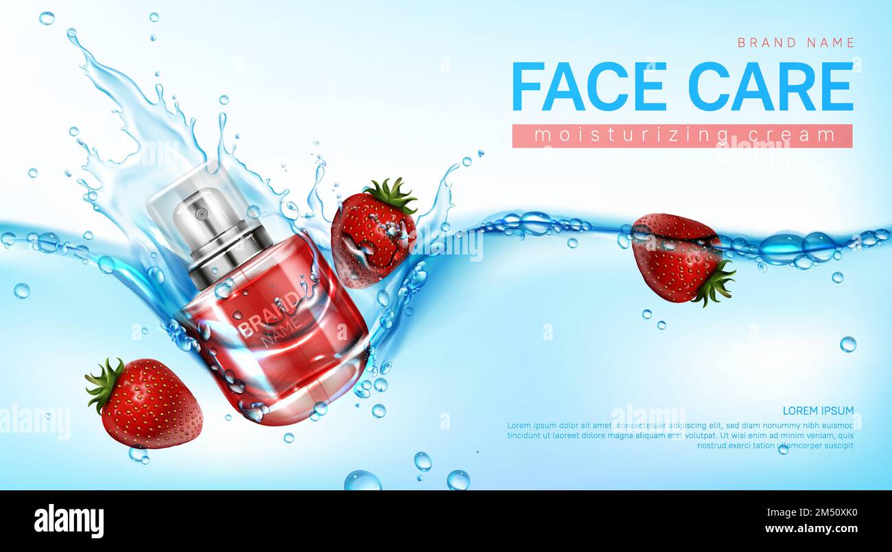 Face cream in glass jar in water splash with strawberries. Vector ...