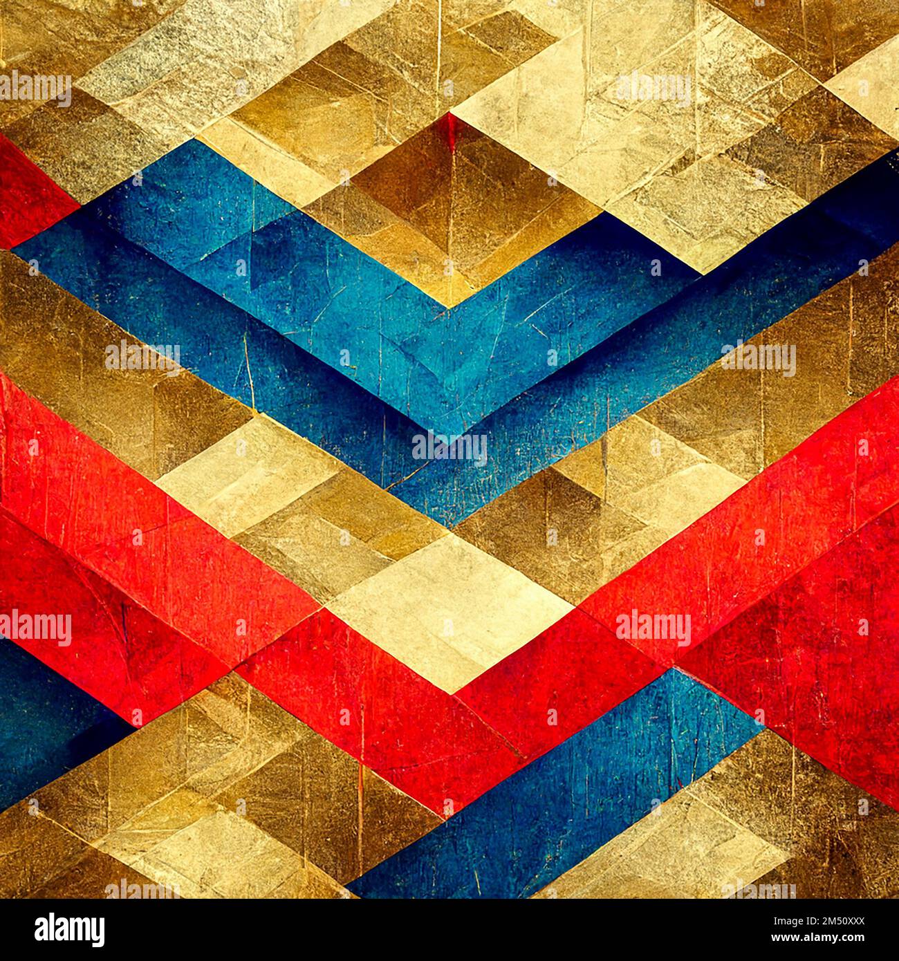 A colorful abstract geometric pattern with gold, red and blue lines ...