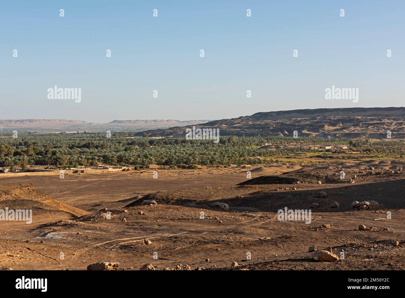 Panoramic view over remote african egyptian desert landscape with oasis ...