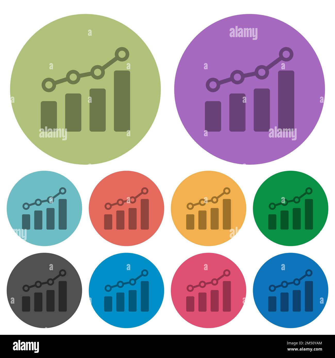 Bar graph with circles and lines darker flat icons on color round ...