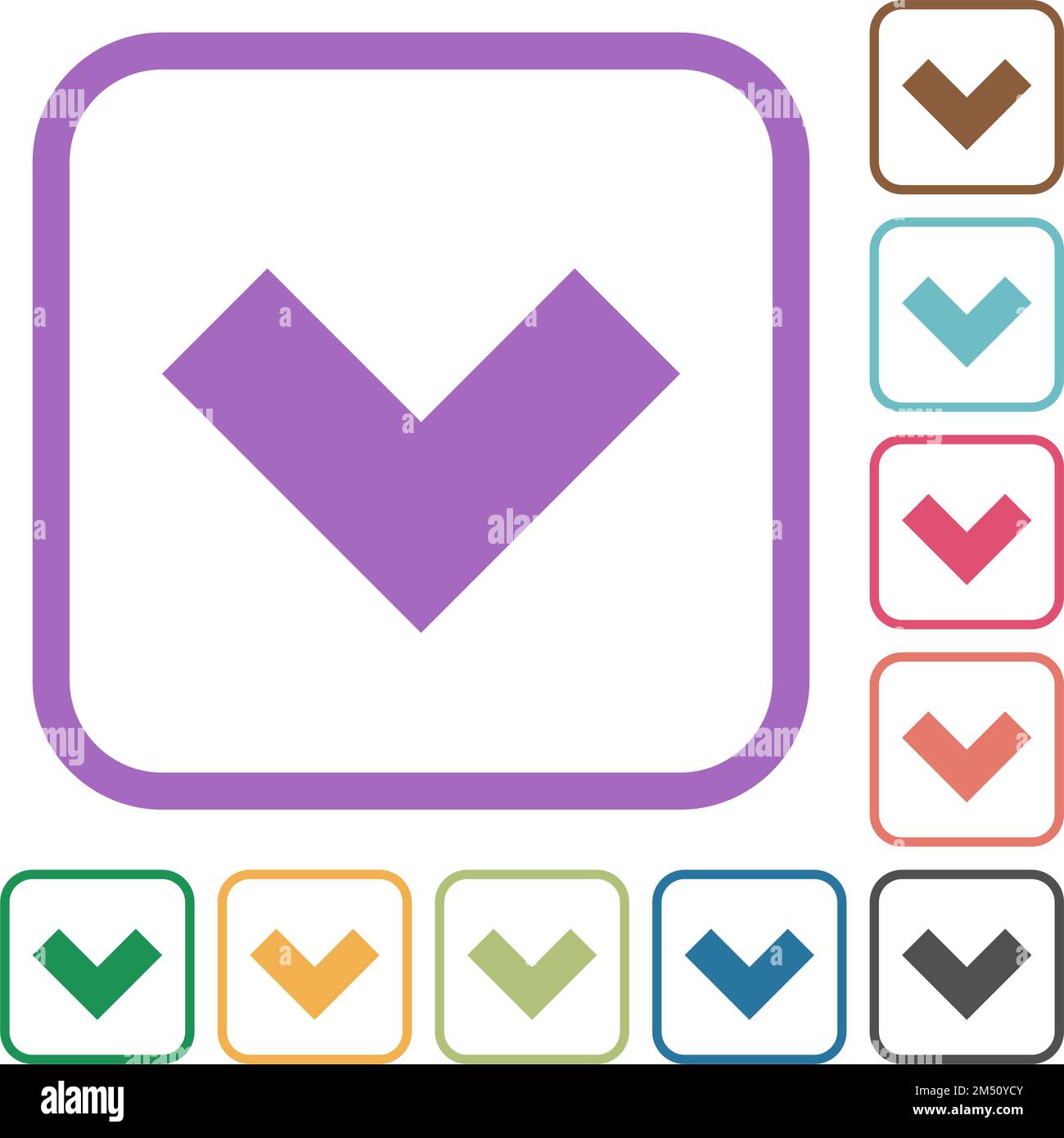 Bottom angle arrow solid simple icons in color rounded square frames on white background Stock ...