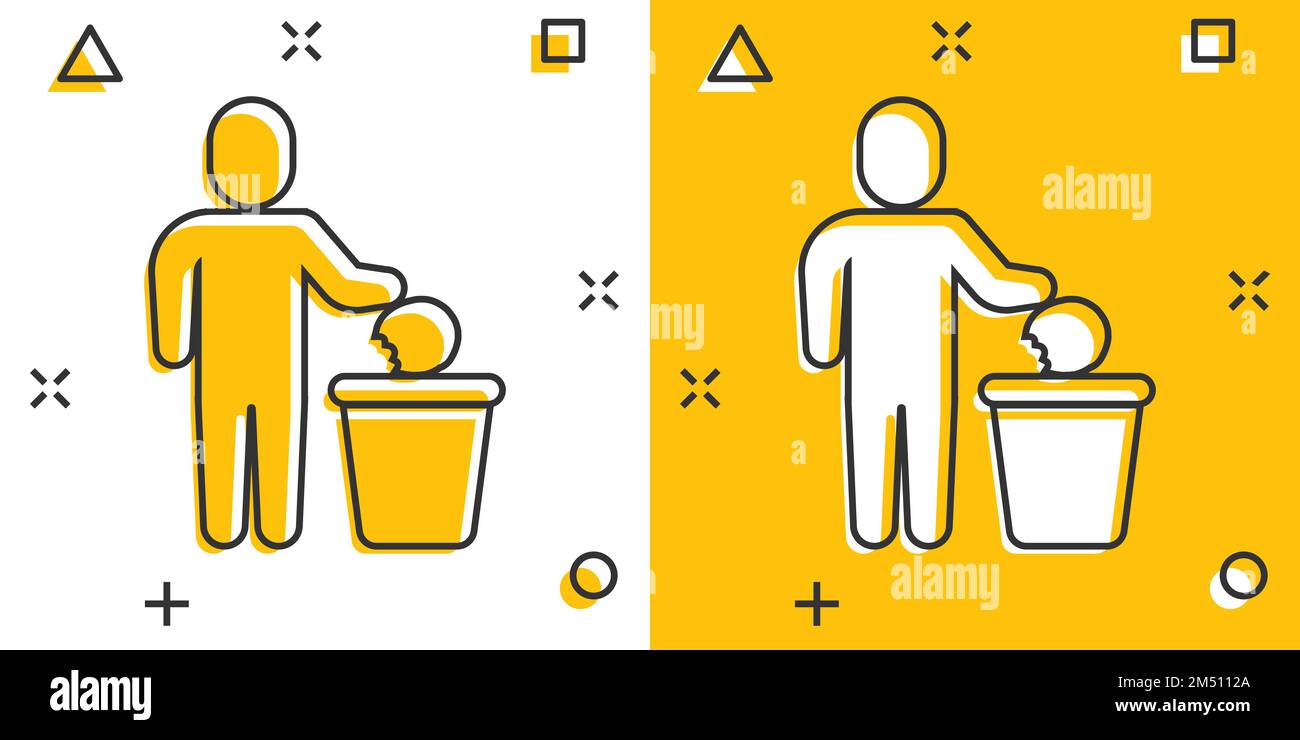 Garbage bin with people icon in comic style. Recycle cartoon vector ...