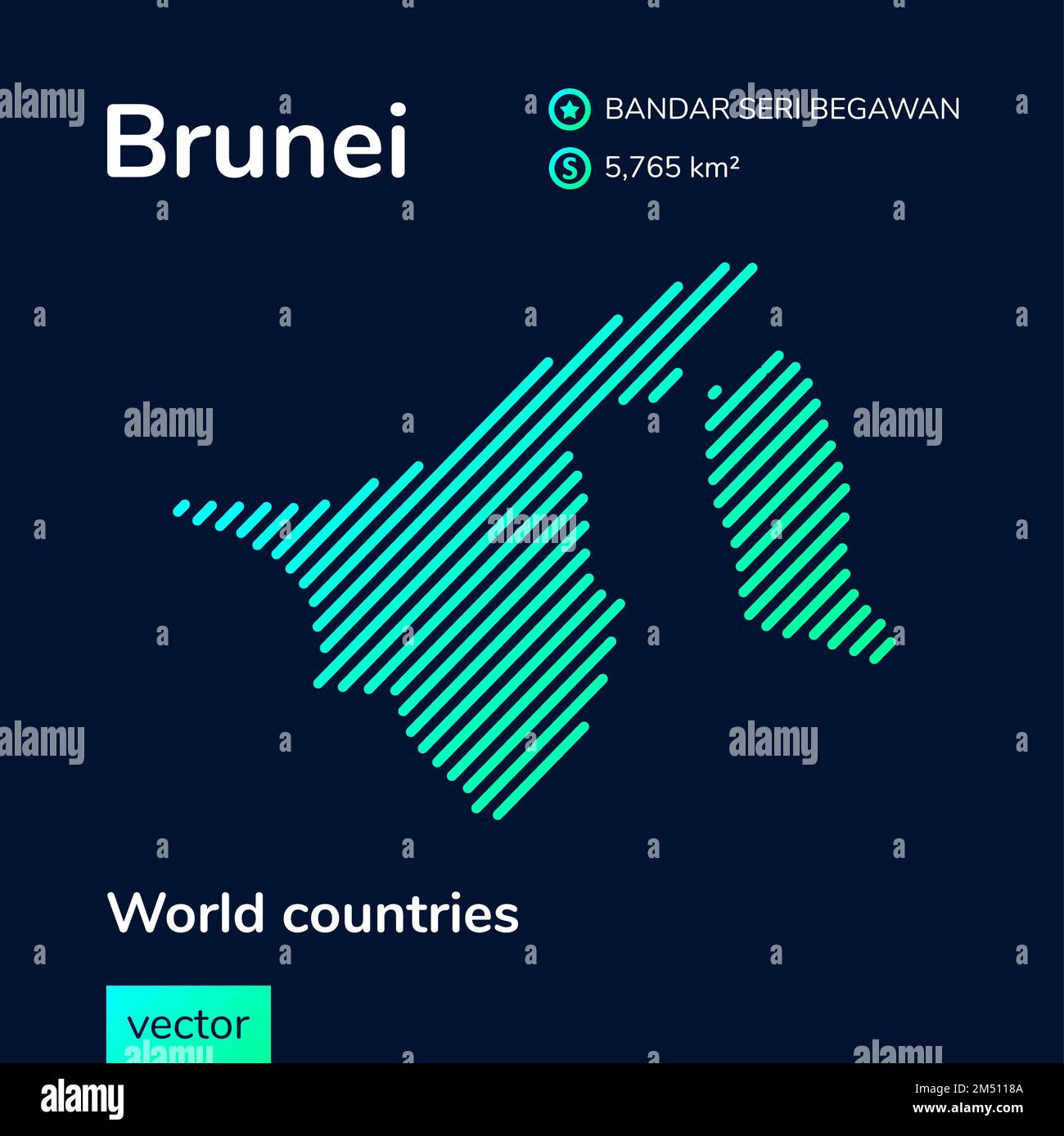 Vector creative digital neon flat line art abstract simple map of Brunei with green, mint ...