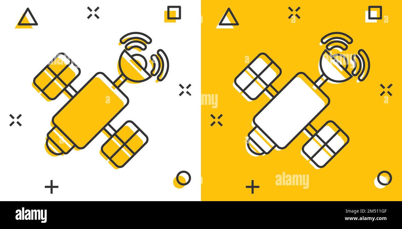 Satellite icon in comic style. Sputnik cartoon vector illustration on ...