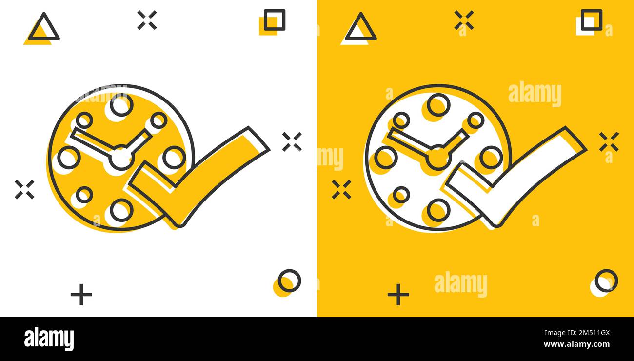 Clock Check Mark Icon In Comic Style Timer Approval Cartoon Vector
