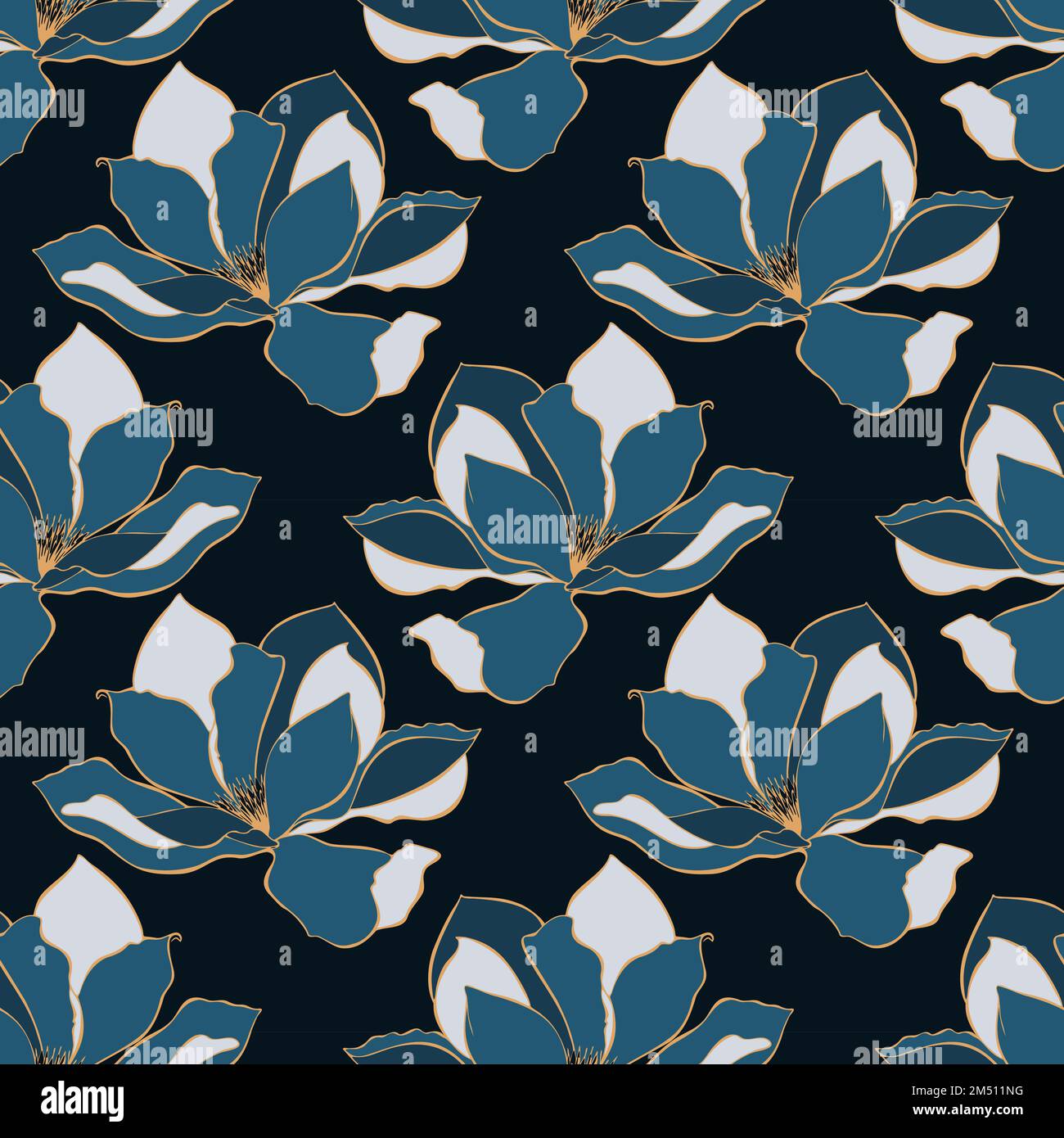 Magnolia dark blue pattern,contour flowers gold and dark background ...