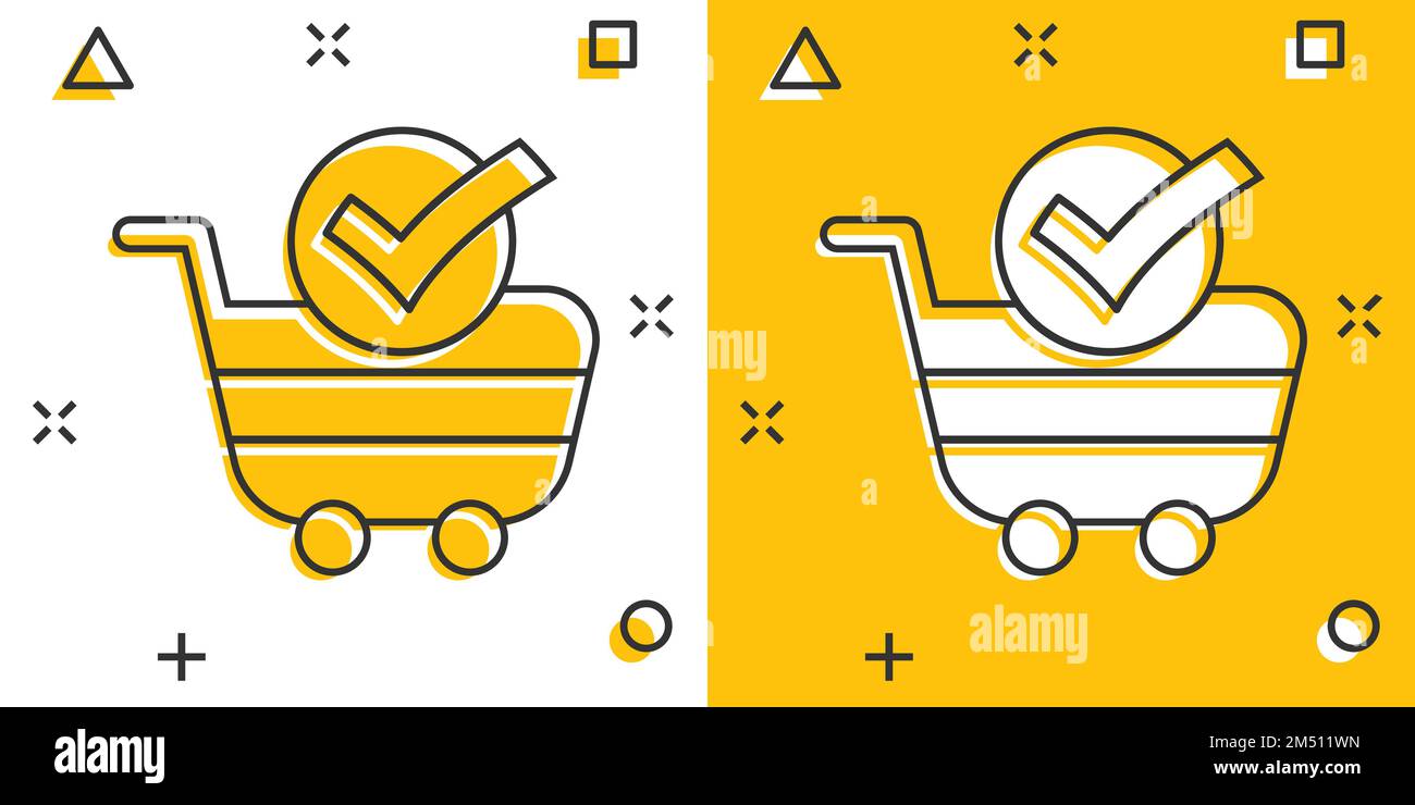Shopping cart check mark icon in comic style. Buy approval cartoon ...
