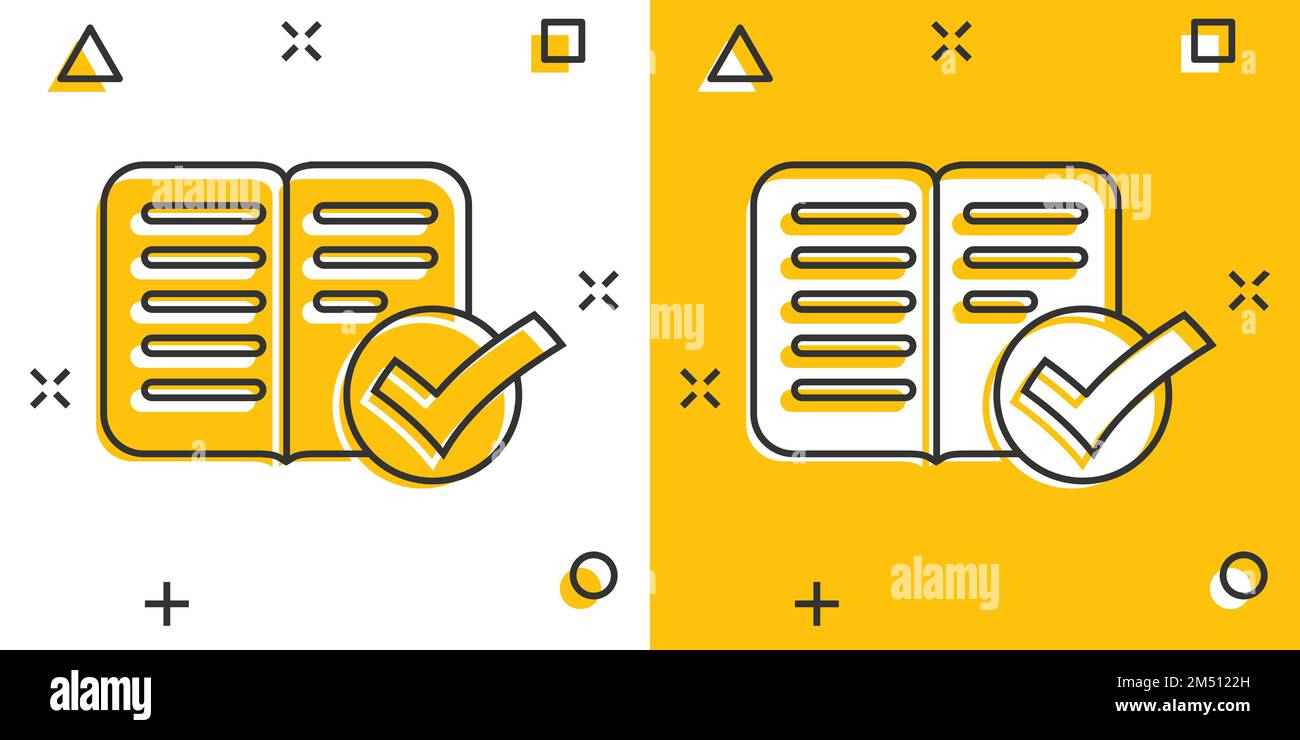 Book check mark icon in comic style. Bookmark approval cartoon vector ...