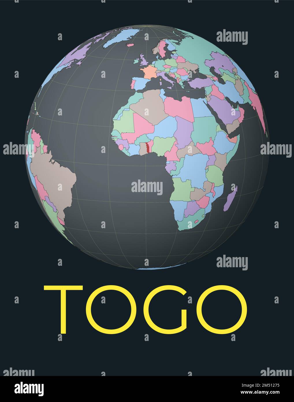 World map centered on Togo. Red country highlighted. Satellite world ...
