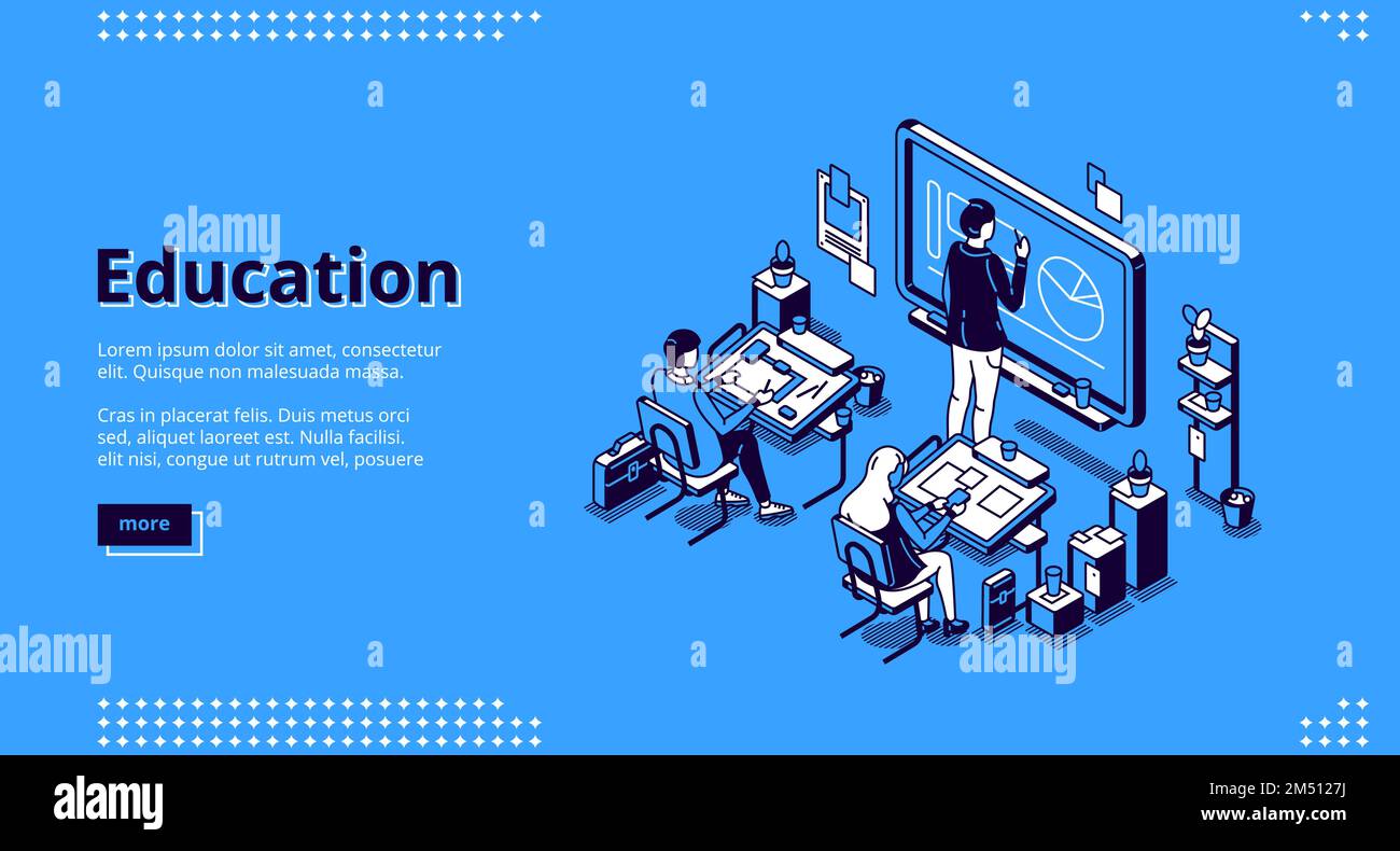 Education isometric landing page. Teacher conduct lesson in class with students sitting at desks ...