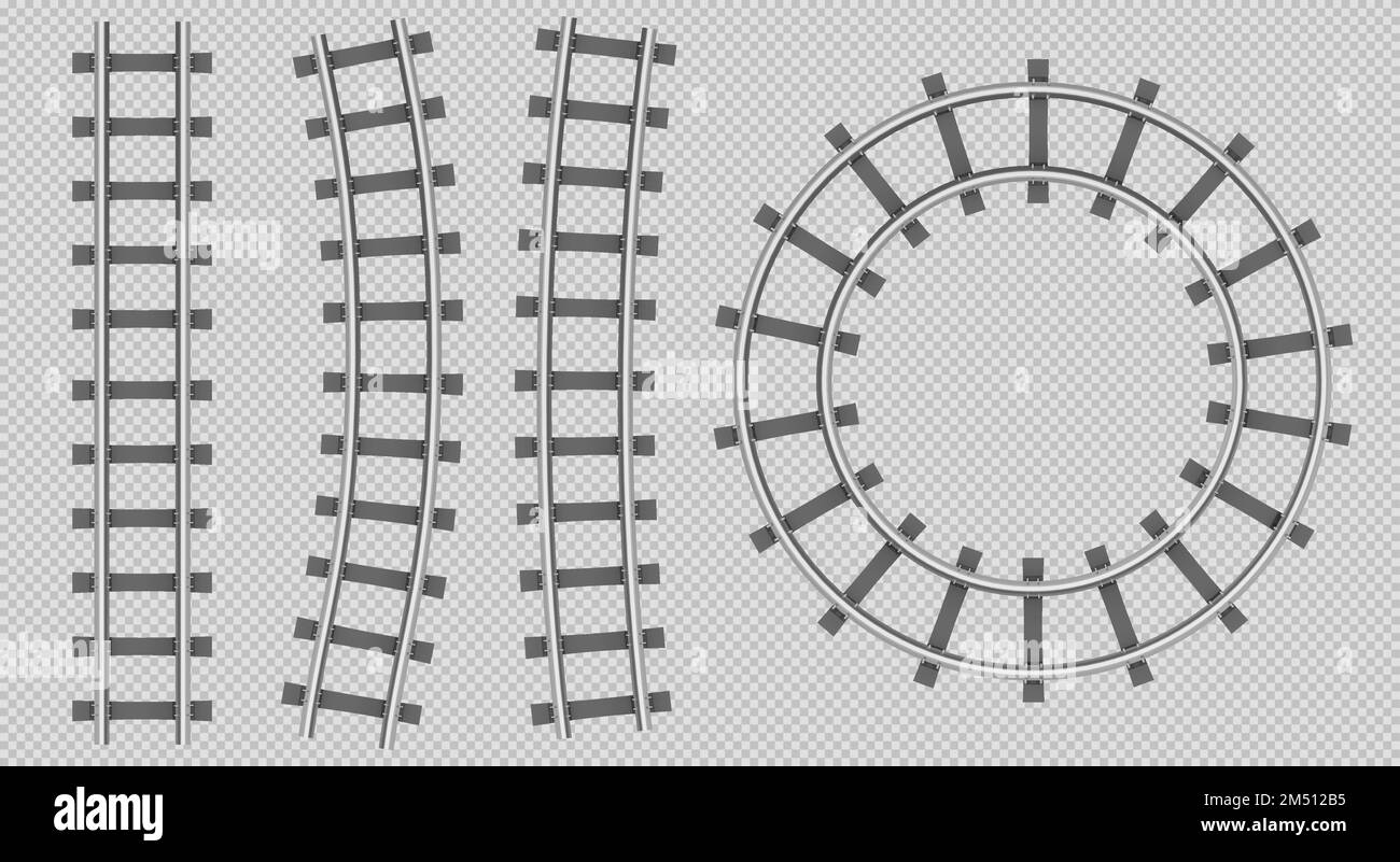 Train rails top view, railway track straight, curve and round path, steel sleepers for metro ...