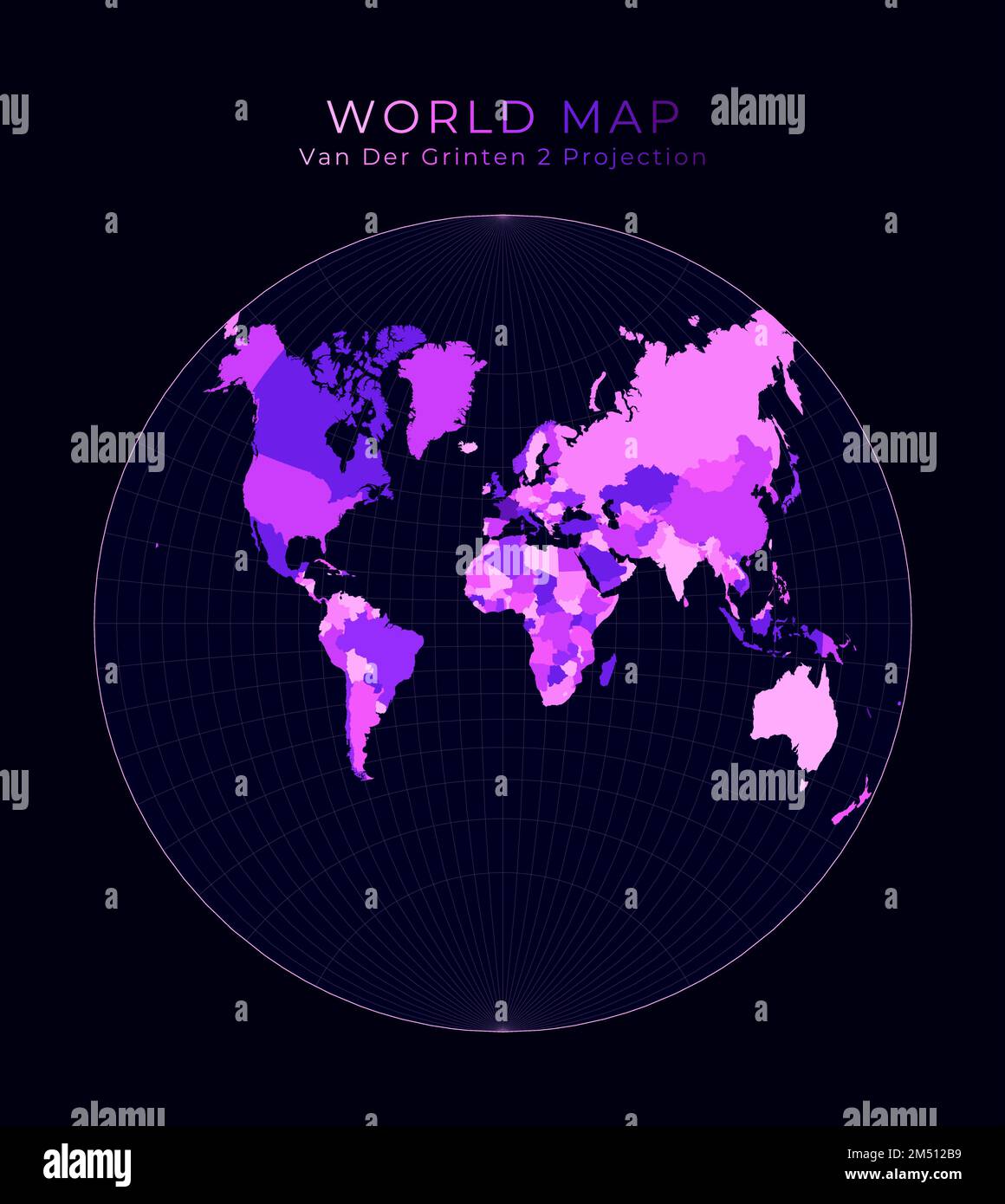 World Map. Van der Grinten II projection. Digital world illustration ...