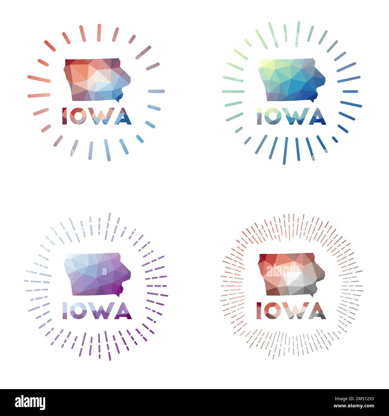 Iowa low poly sunburst set. Logo of US state in geometric polygonal ...