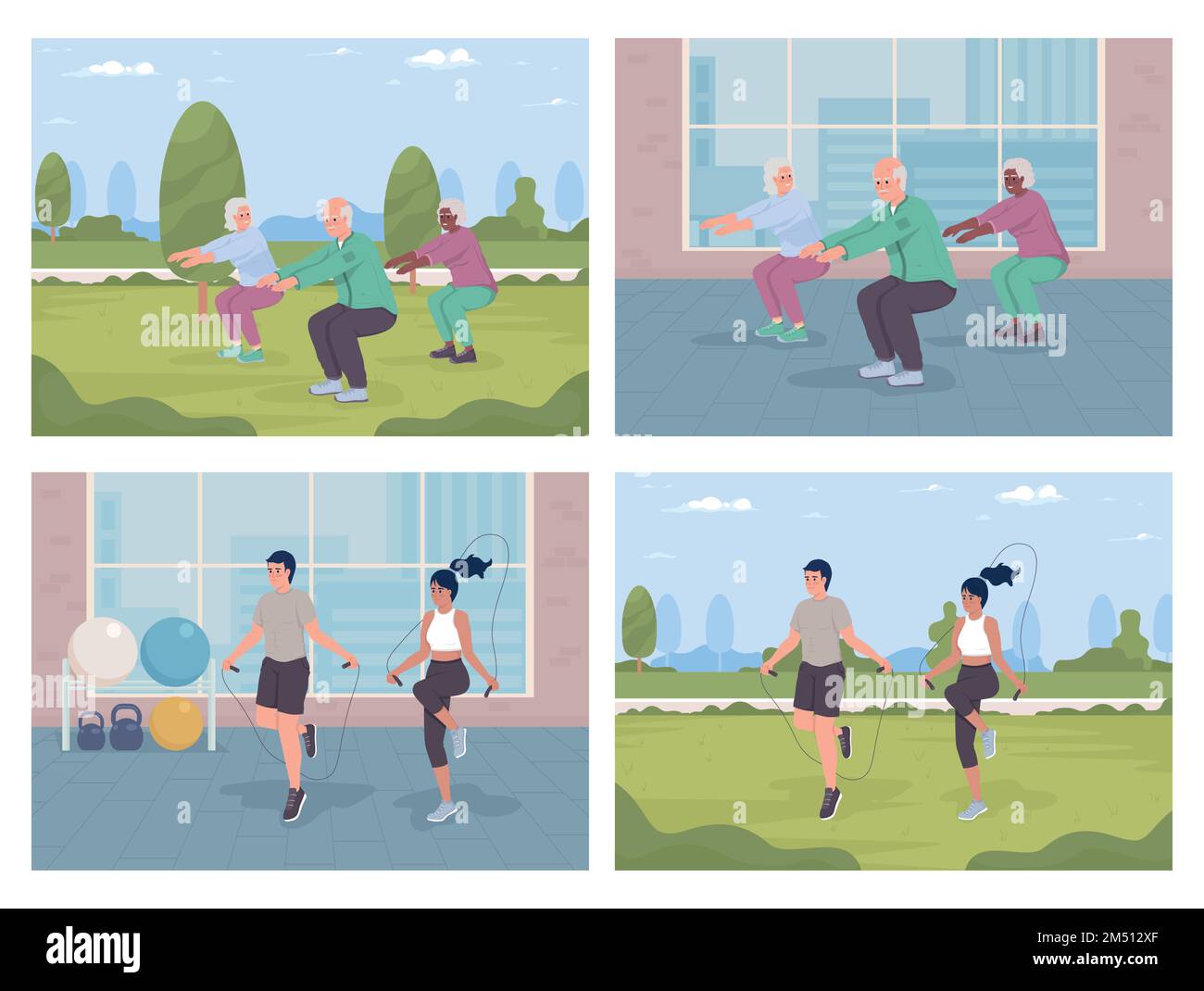 Exercising together flat color vector illustration set Stock Vector ...