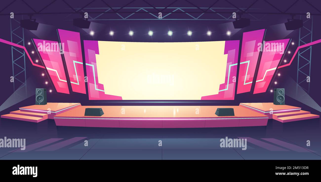 Concert stage with screen illuminated by spotlights. Vector cartoon ...