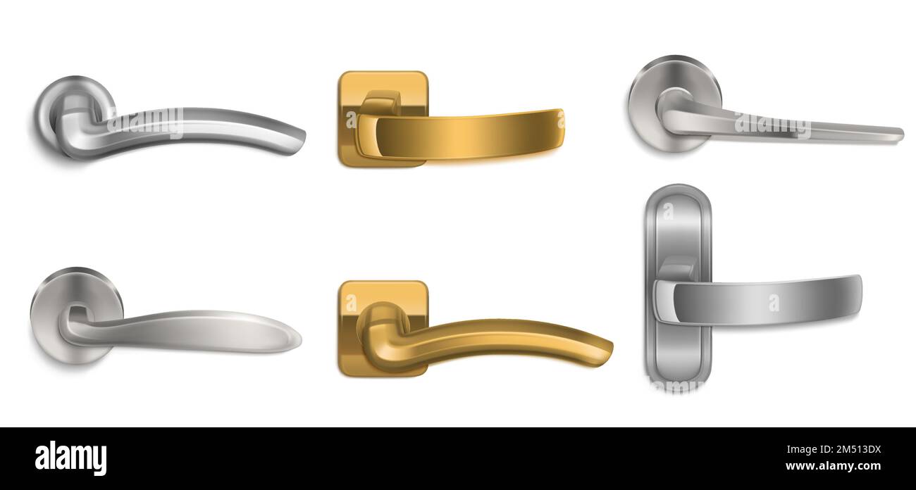 Realistic door handles set, golden and silver knobs of different shapes ...