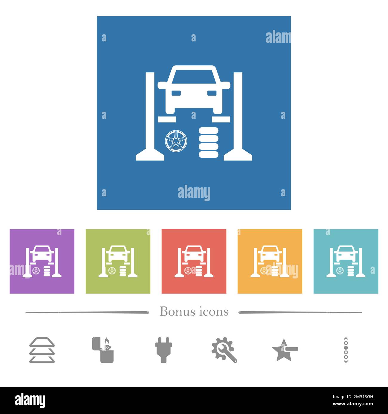 Tire repair shop flat white icons in square backgrounds. 6 bonus icons ...