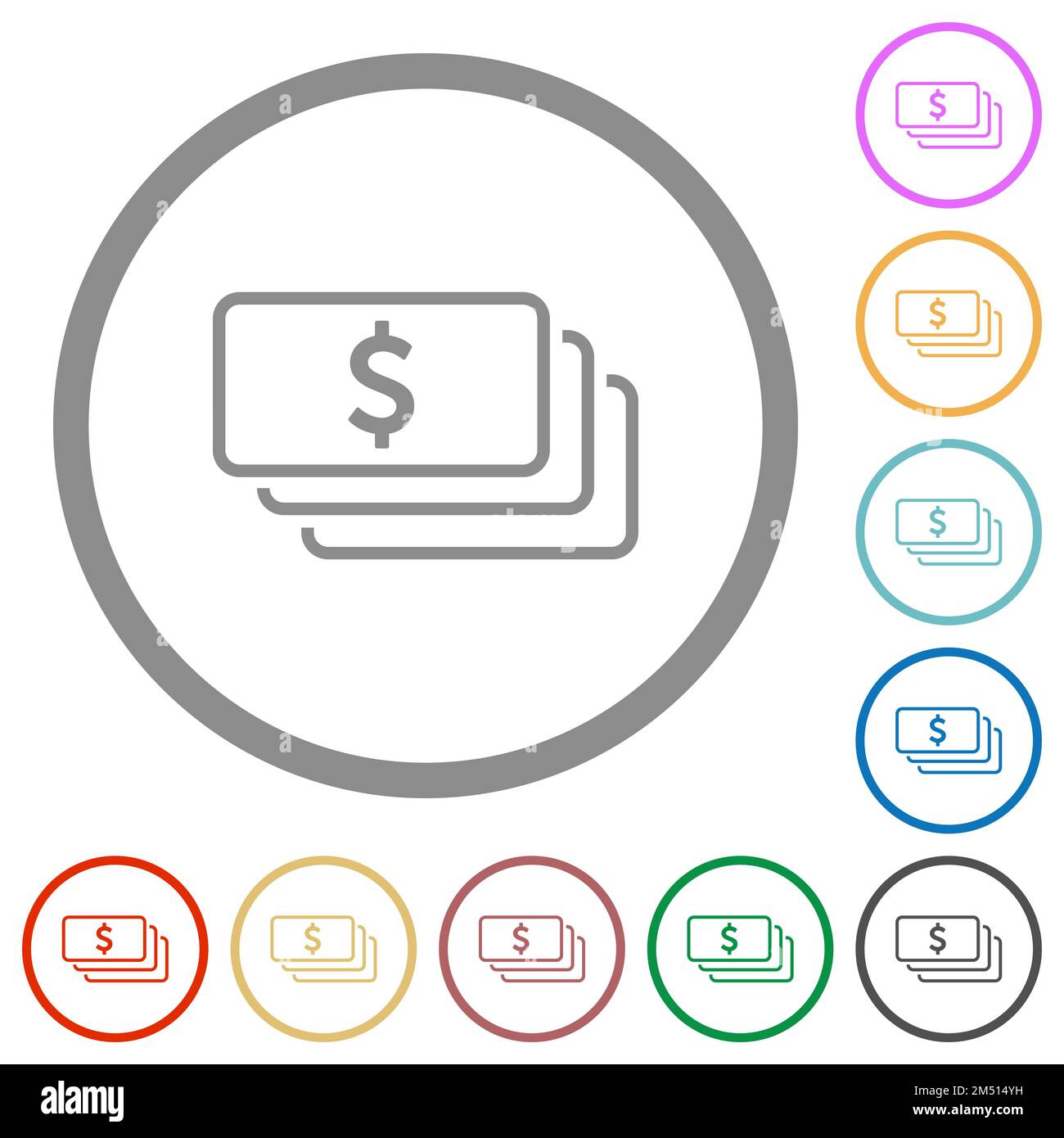 American dollar banknotes outline flat color icons in round outlines on ...