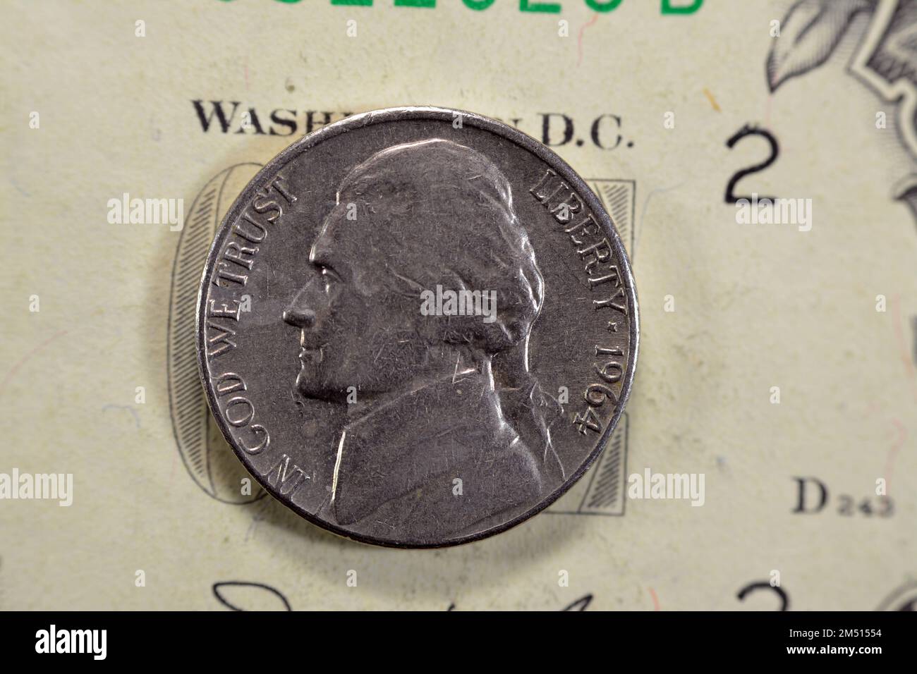 Obverse side of American money coin of 5 five cents 1964 features the ...