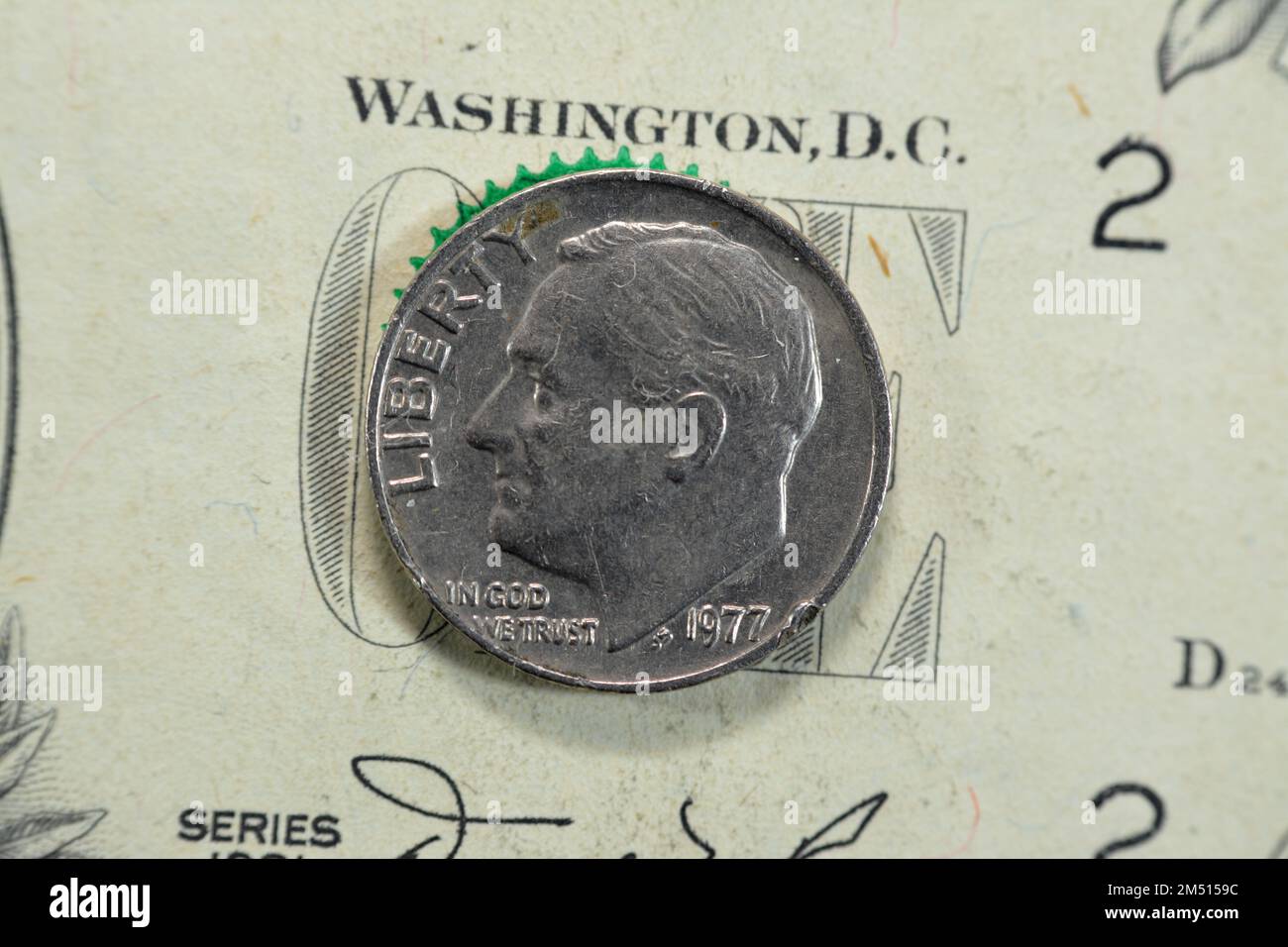 the dime coin, American money coin of 10 ten cents 1977 features the ...