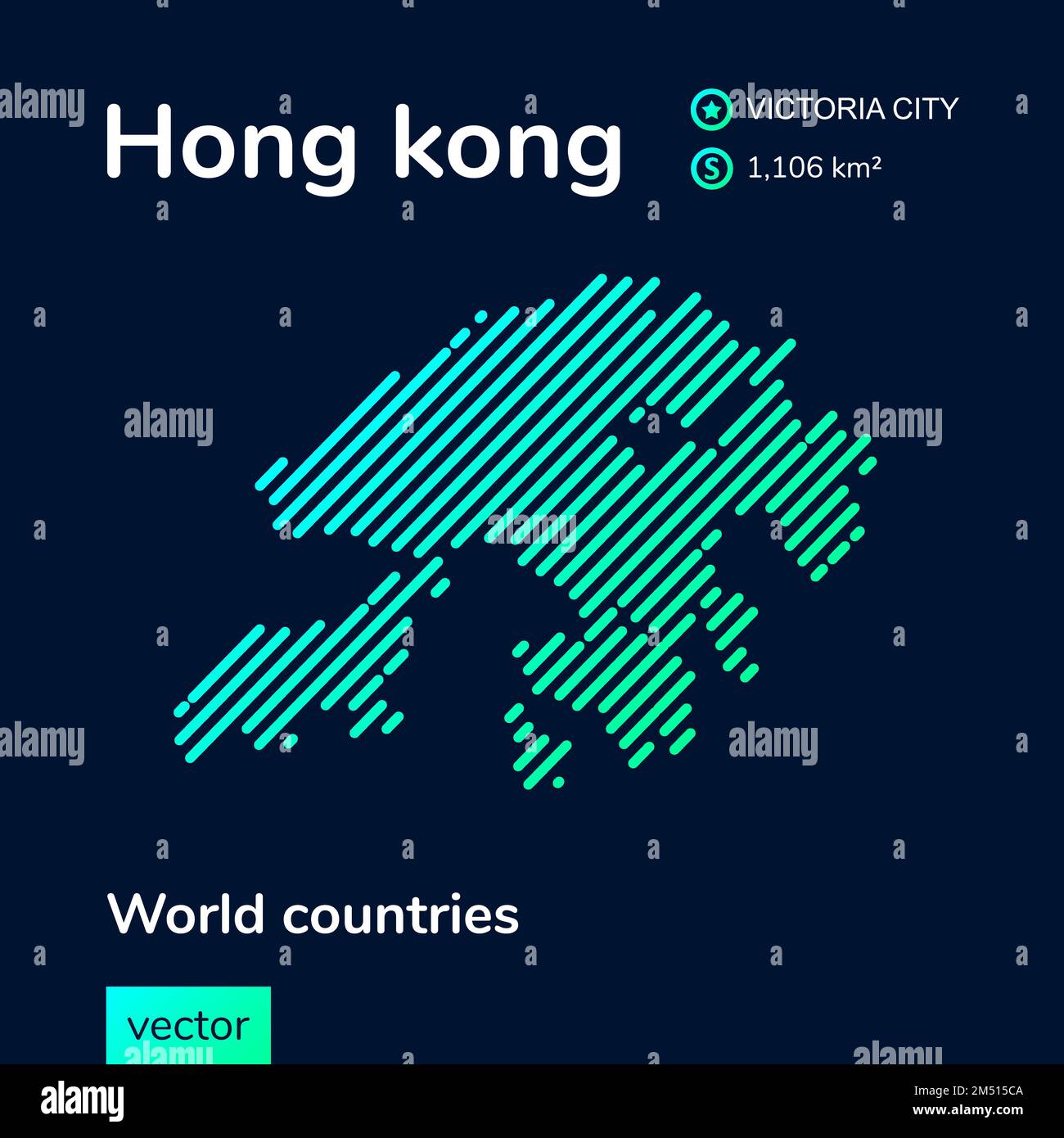 Vector creative digital neon flat line art abstract simple map of Hong Kong with green, mint ...