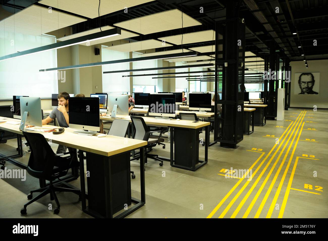 Young people working at laptops at the large computer room, portrait of ...