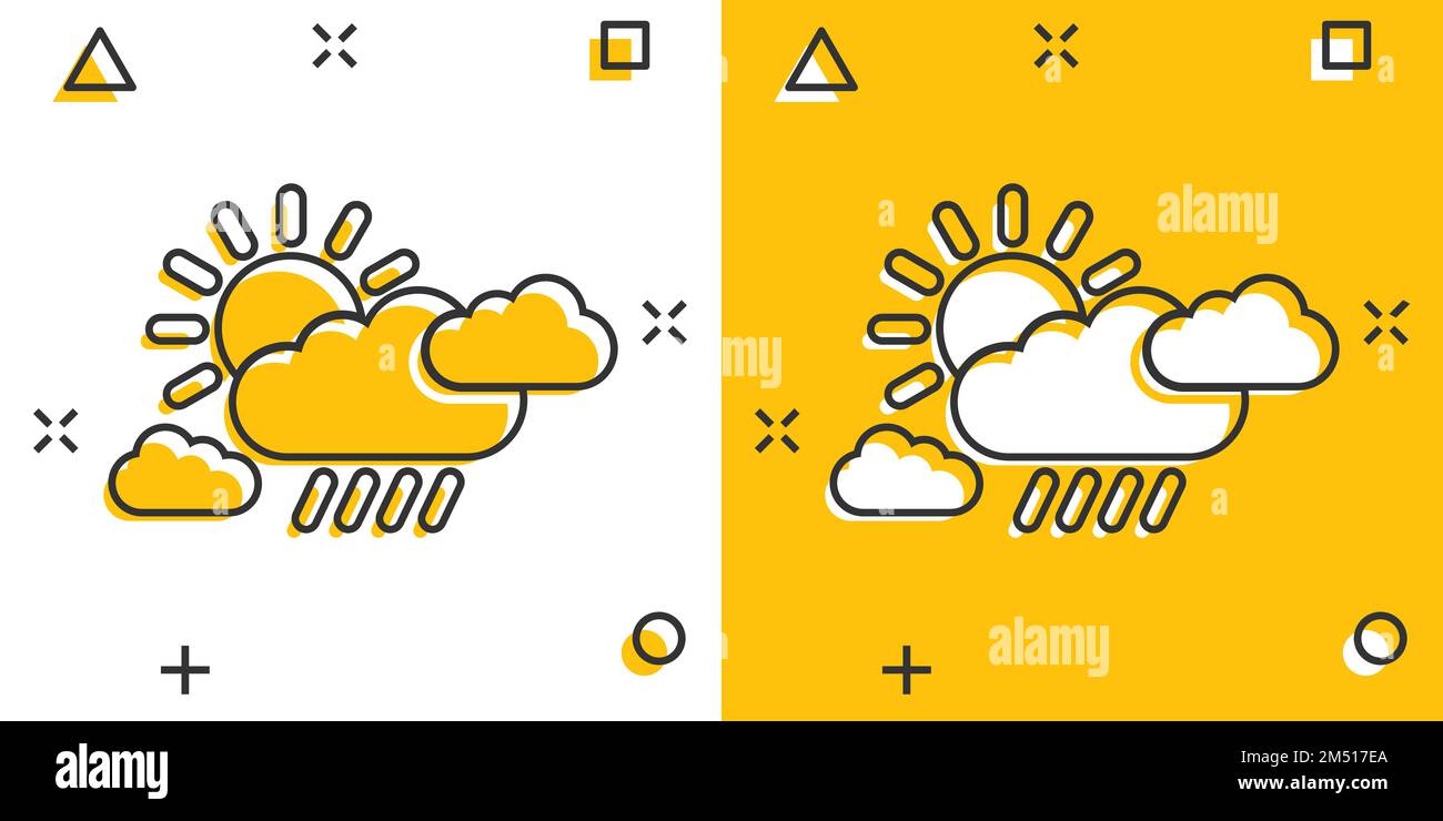 Weather icon in comic style. Sun, cloud and rain cartoon vector ...