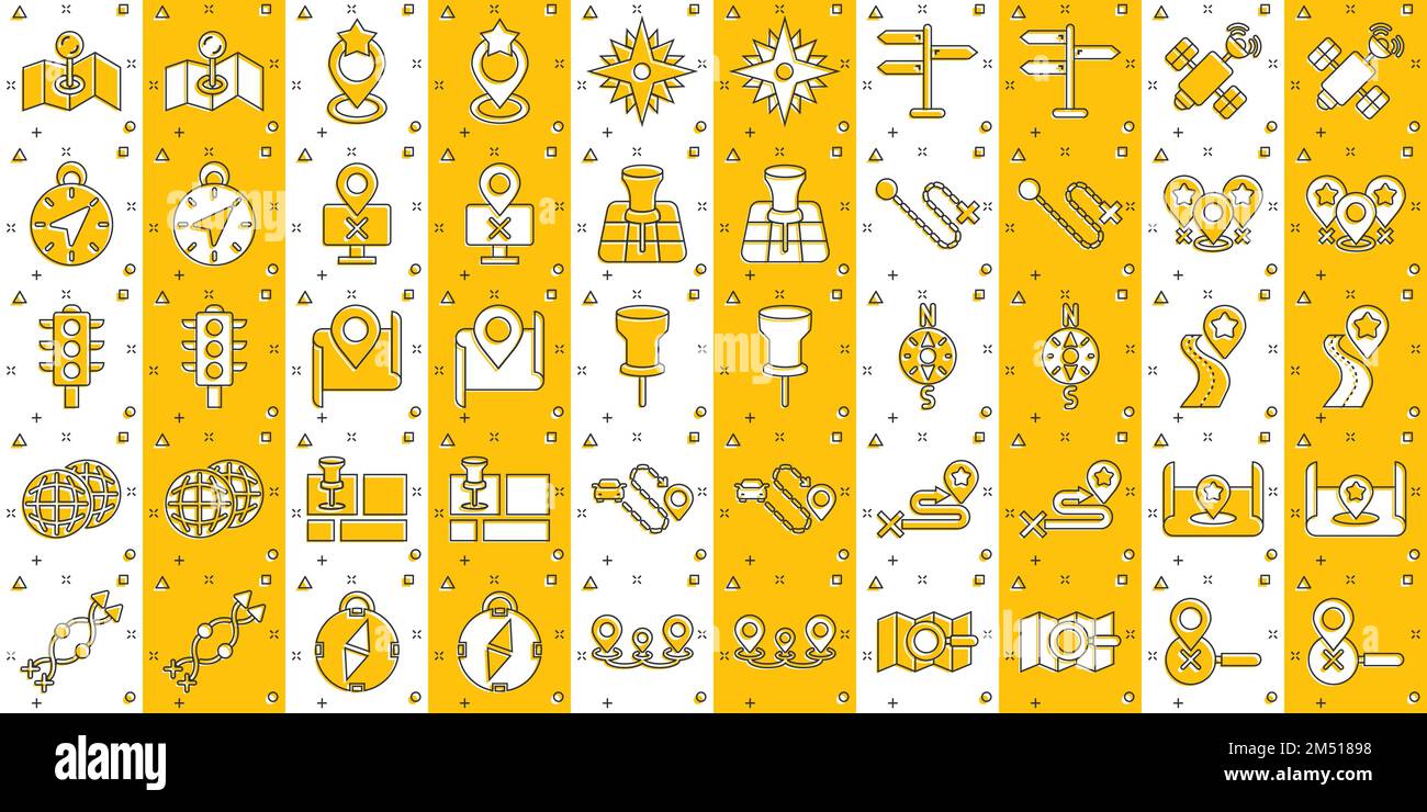 Navigation icon set in comic style. Gps direction cartoon vector ...