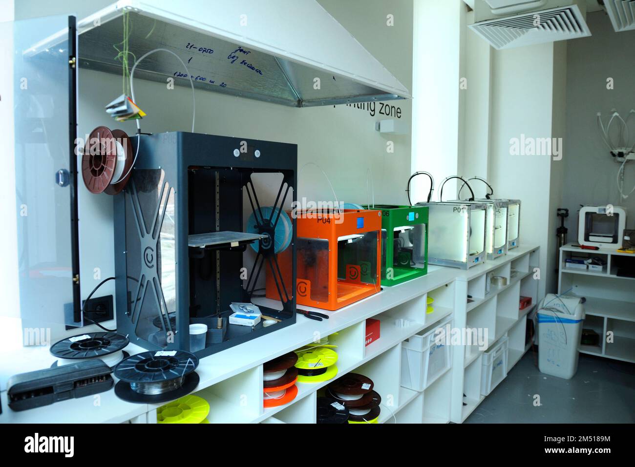 3D printers working at the laboratory room, 3D printing zone. January ...
