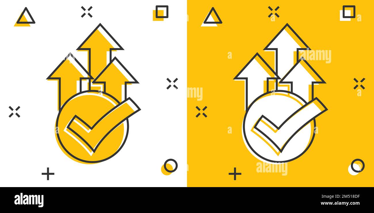 Growth arrow check icon in comic style. Revenue approval cartoon vector ...