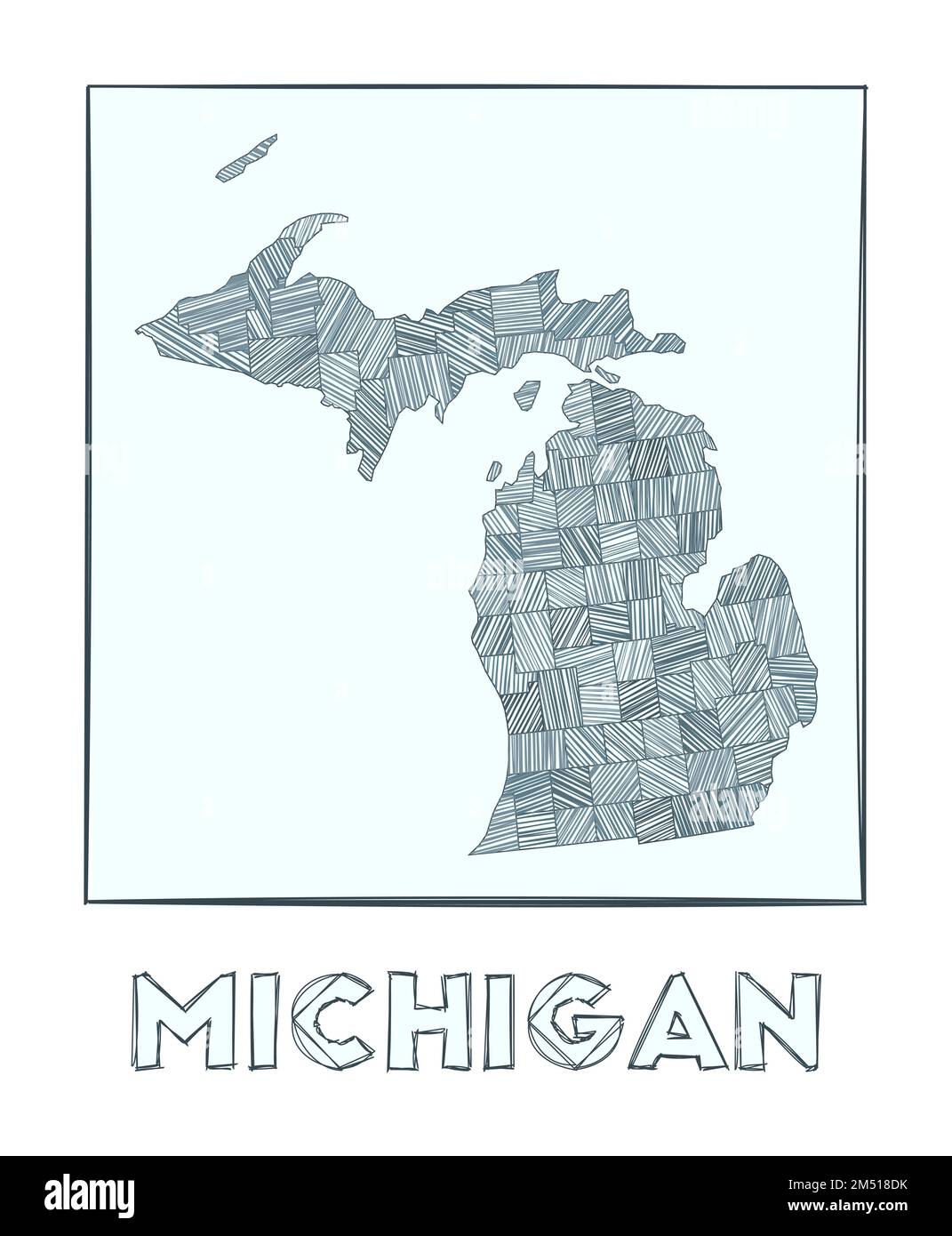 Sketch map of Michigan. Grayscale hand-drawn map of the US state ...