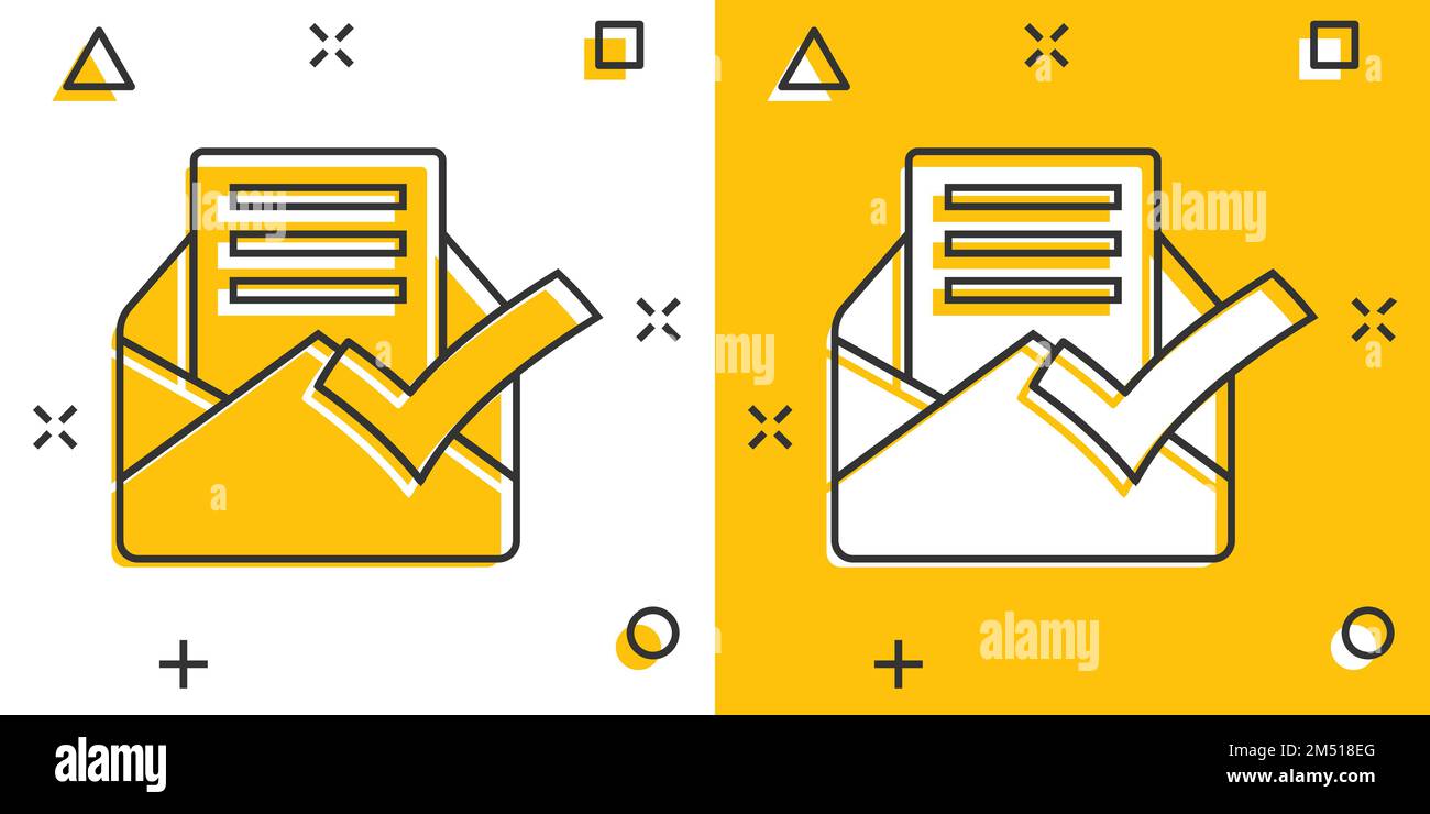 Envelope with confirmed document icon in comic style. Verify cartoon ...
