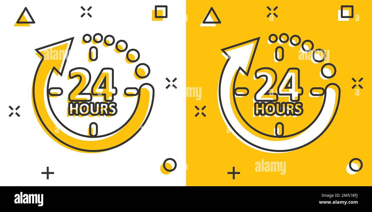 24 hours service icon in comic style. All day business and service ...