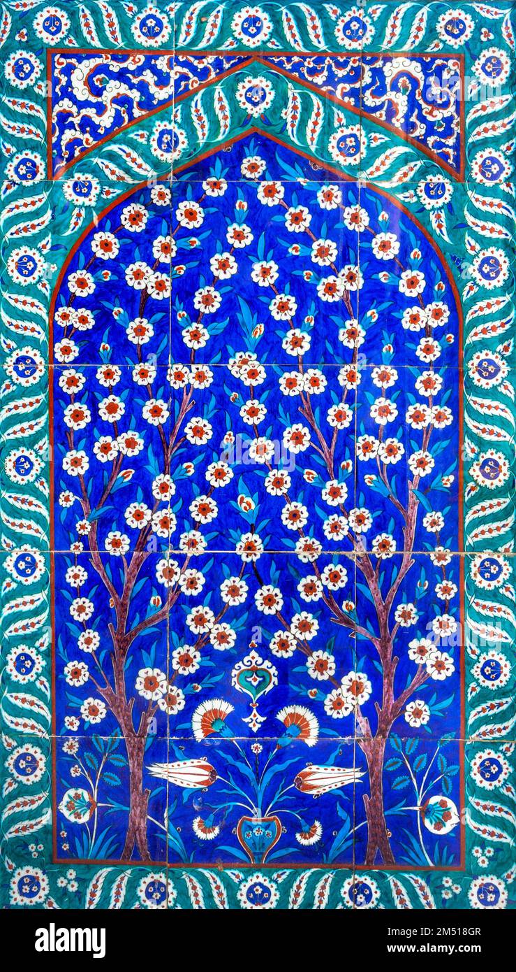 Flower pattern tile panel on a wall of the Topkapi Palace in Istanbul ...