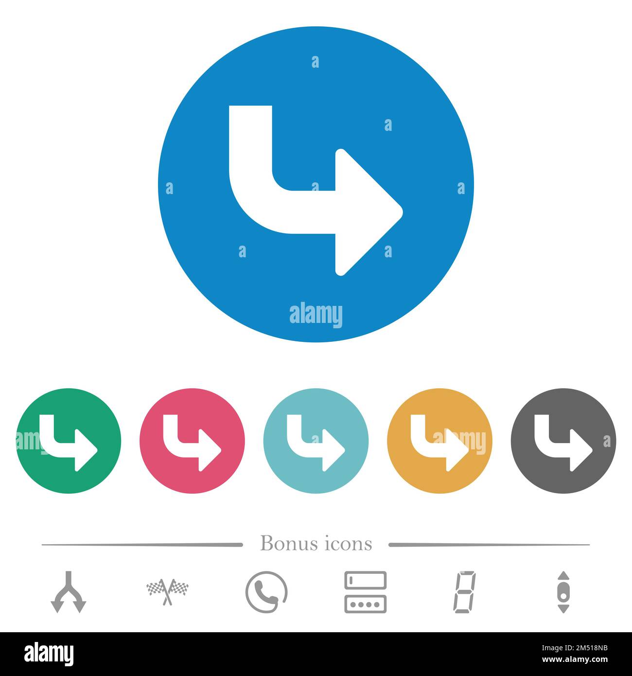 Bottom right side turn arrow solid flat white icons on round color backgrounds. 6 bonus icons ...