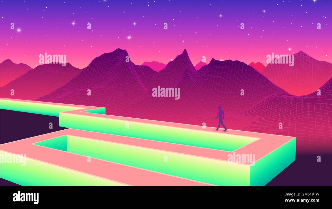 Shiny path concept with human figure walking in the synthwave landscape ...
