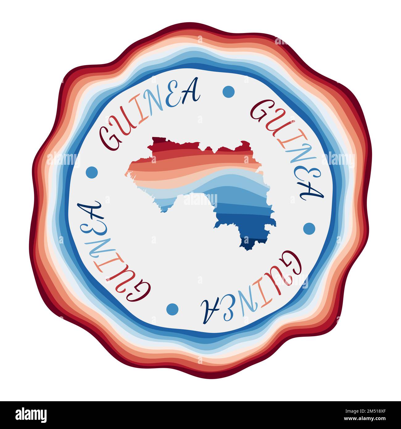 Guinea badge. Map of the country with beautiful geometric waves and vibrant red blue frame ...