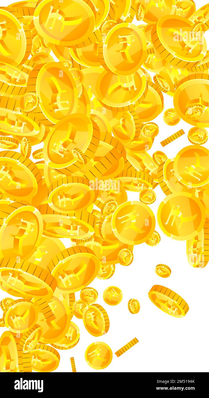Indian rupee coins falling. Scattered gold INR coins. India money ...