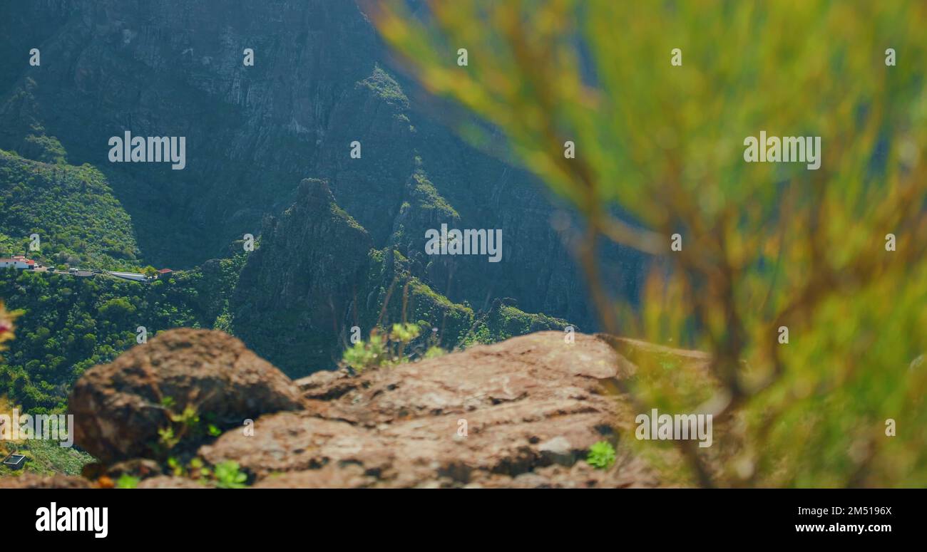 Beautiful view of the Masca Gorge or Barranco de Maska from the peak of the mountain peak. Rocky ...
