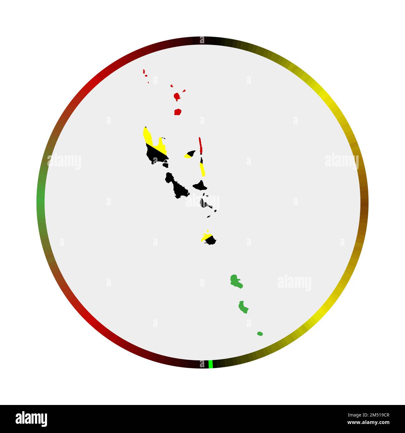 Vanuatu icon. Shape of the country with Vanuatu flag. Round sign with flag colors gradient ring ...