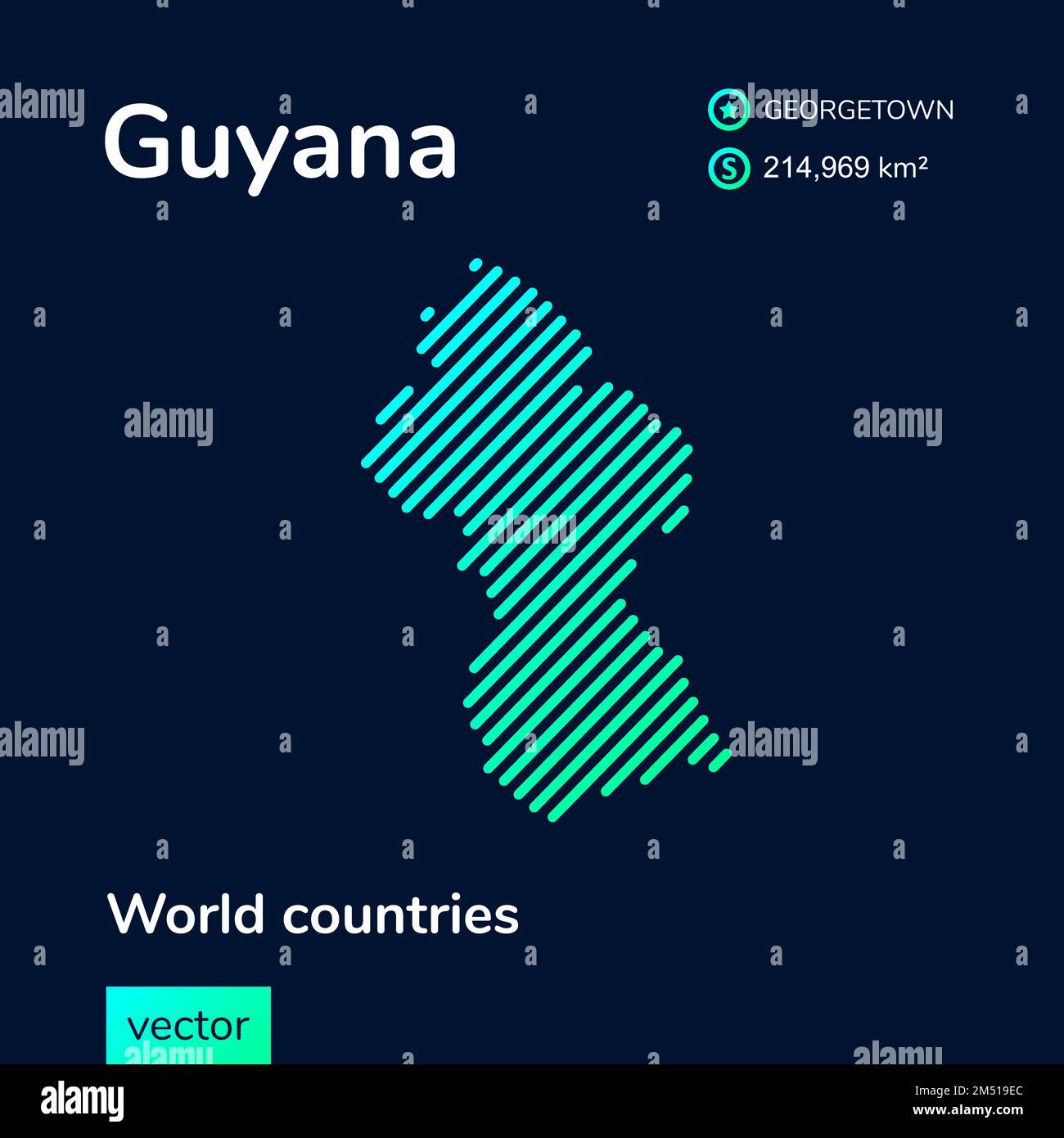 Vector creative digital neon flat line art abstract simple map of Guyana with green, mint ...