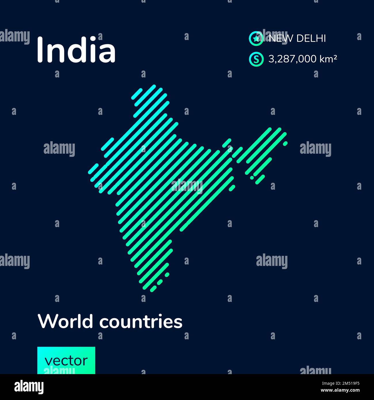 Vector creative digital neon flat line art abstract simple map of India with green, mint ...