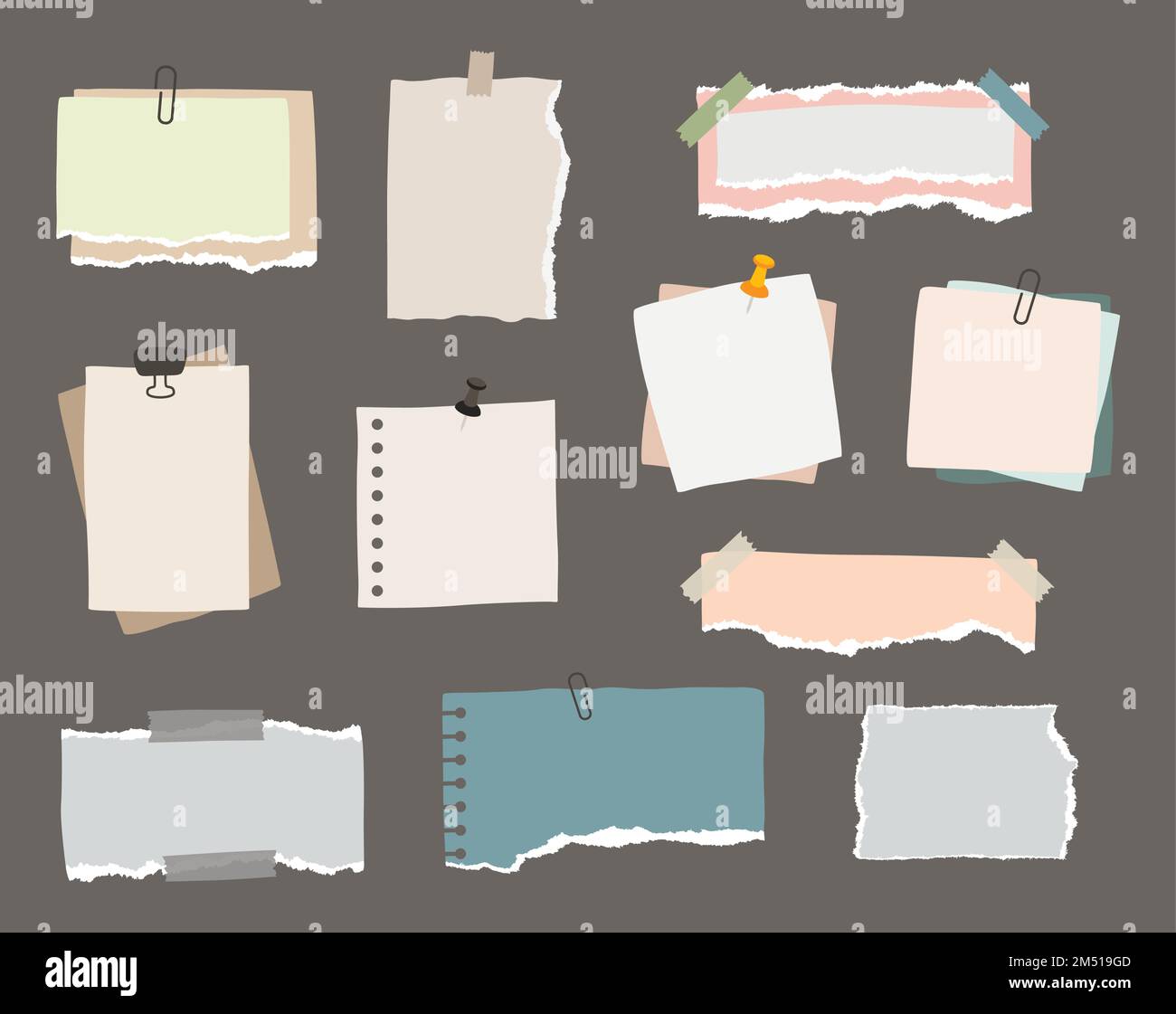 Set of of different notes on sticky tape and binder clips, pieces of ...