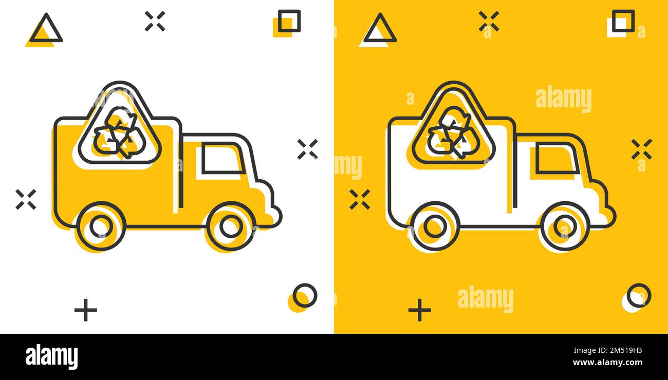 Garbage truck icon in comic style. Recycle cartoon vector illustration ...