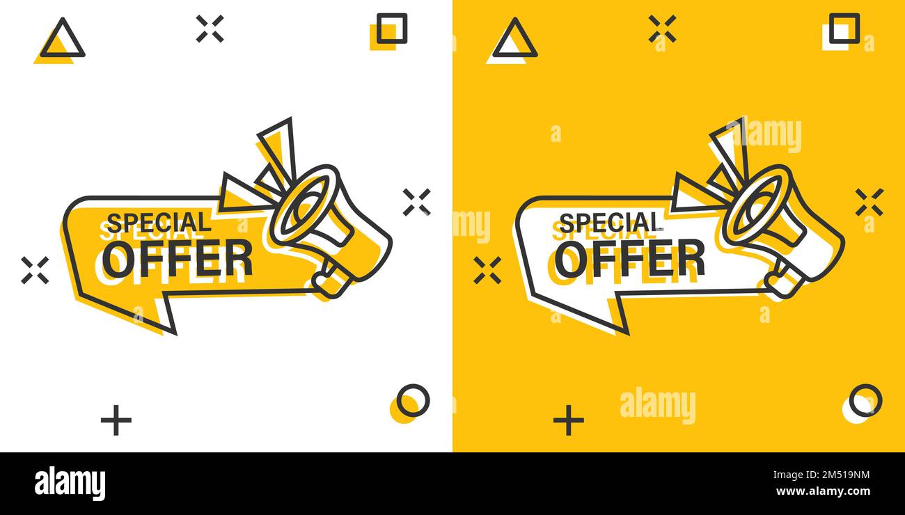 Special offer label icon in comic style. Megaphone with discount ...