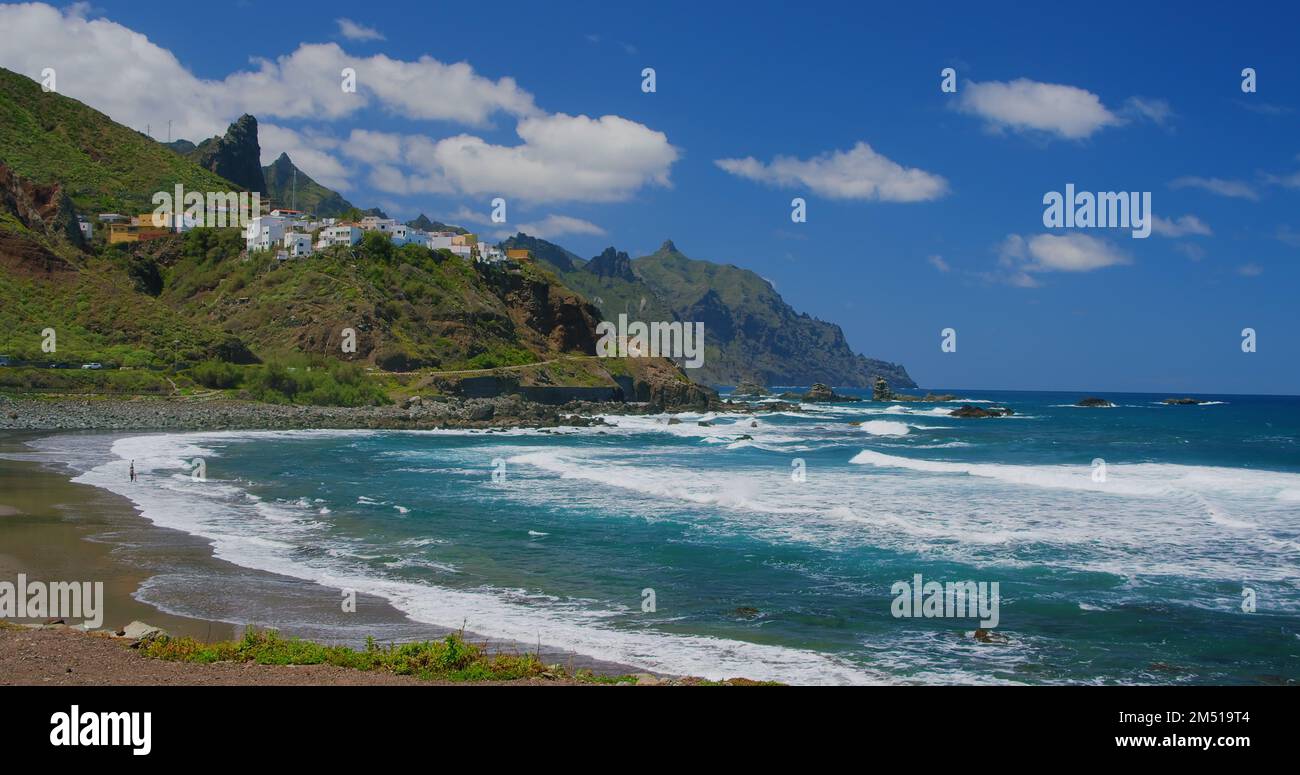Rocky coast and village, Almaciga beach in Tenerife, The Canaries ...