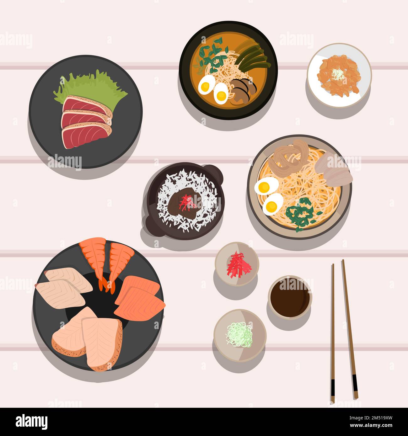 Dishes of Japanese national cuisine sashimi, salmon steak, noodles and ...