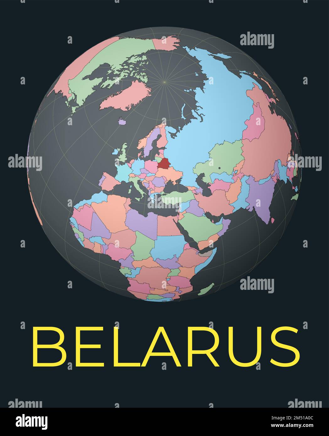 World map centered on Belarus. Red country highlighted. Satellite world ...
